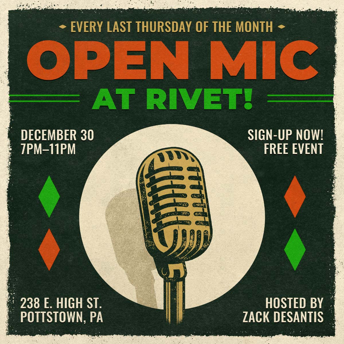 Open Mic at Rivet! - Thursday, December 30th • Pottstown, PA